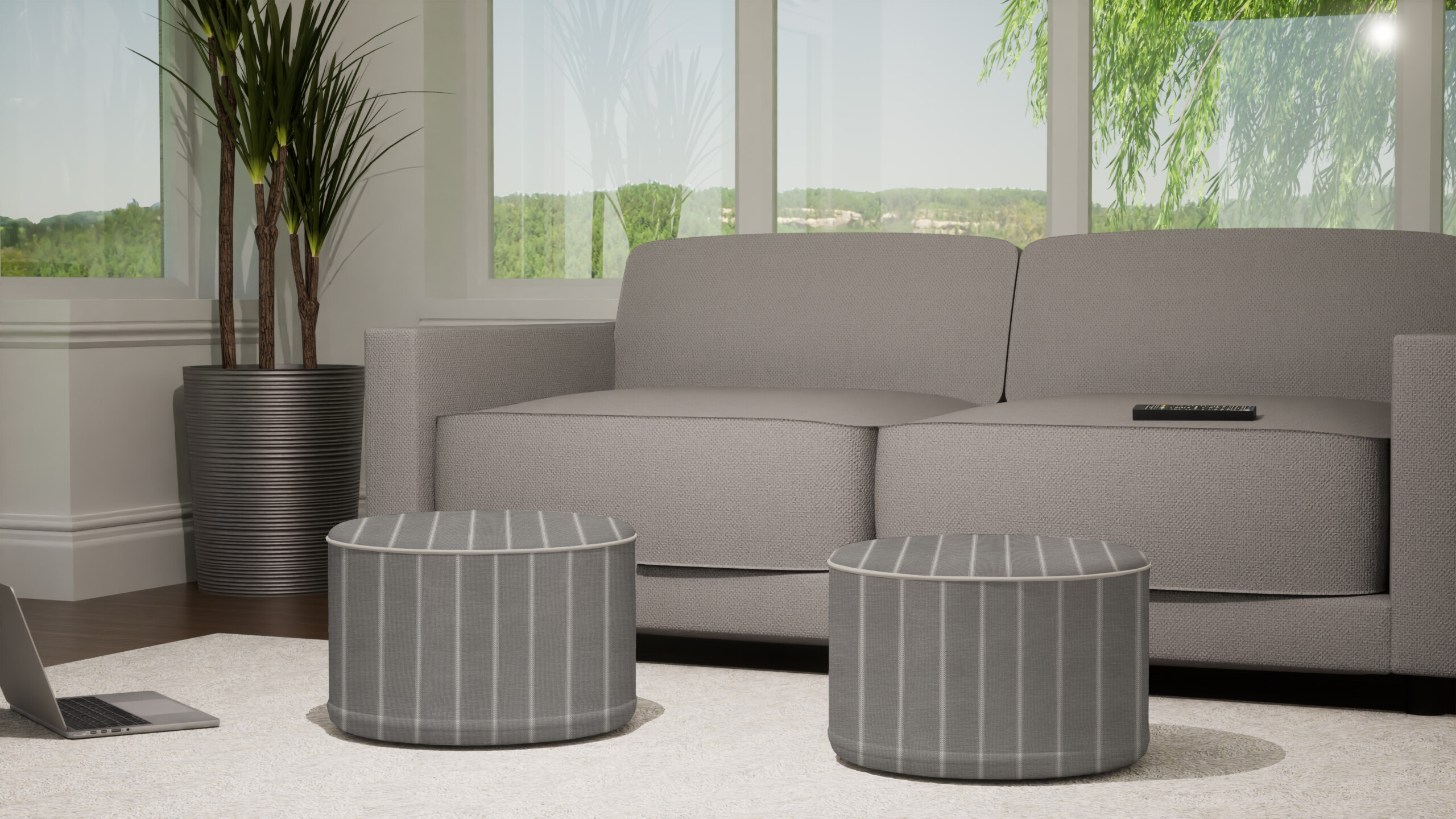 Laura Ashley Ayden Stripe Silver Indoor Pouffe | Rooms By Me